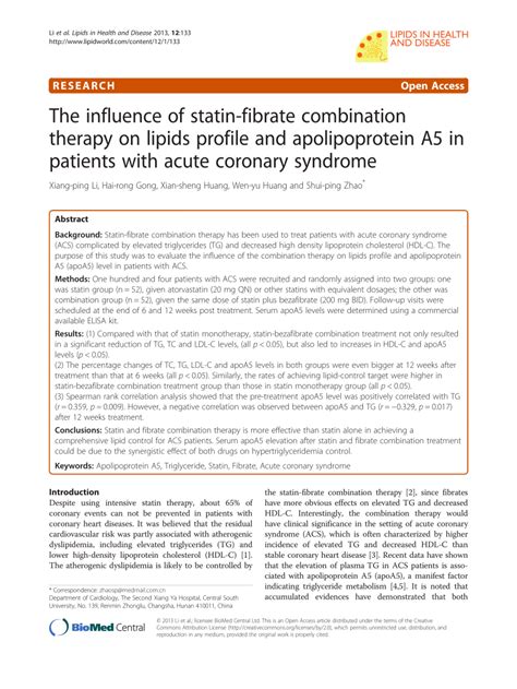 Pdf The Influence Of Statin Fibrate Combination Therapy On Lipids