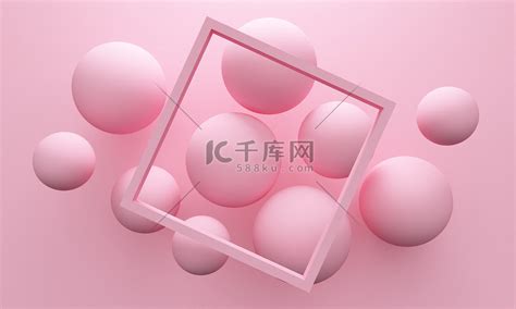 带有阴影和顶灯的球在粉色背景和正方形框架上飞舞。3d渲染高清摄影大图 千库网