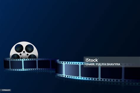 시네마 필름 스트립 웨이브 및 필름 릴은 파란색 배경에 격리 영화제를 위한 3d 영화 아트 블랭크 디자인 요소 템플릿은 광고 배경 브로셔 티켓에 사용할 수 있습니다 3차원