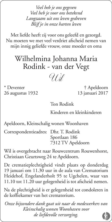 Wilhelmina Johanna Maria Wil Rodink Van Der Vegt 13 01 2017