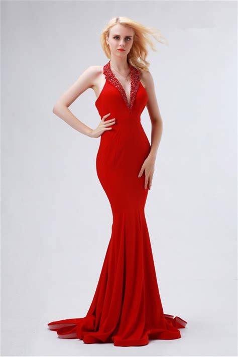 Mermaid Halter Plunging Neckline Long Red Jersey Beaded Occasion