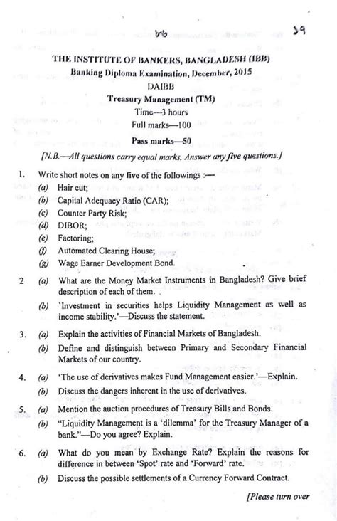 Treasury Management Question Banking Diploma Education