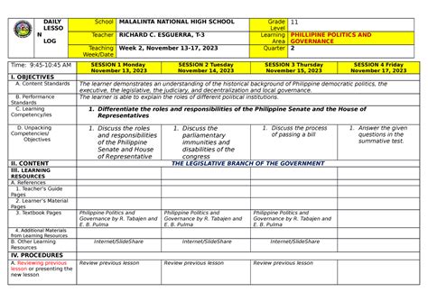 November 13 17 Daily Learning Log DAILY LESSO N LOG School
