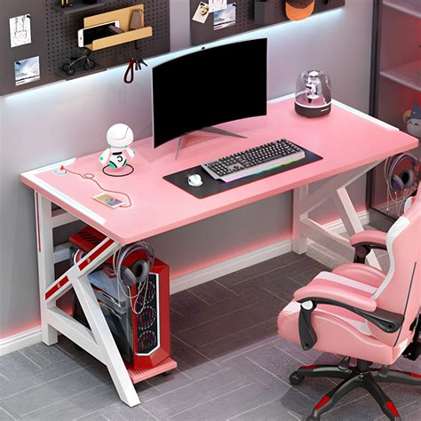 Modern Pink Computer Desk With Trestle Base And Cable Management Standard Width 71l X 24w X