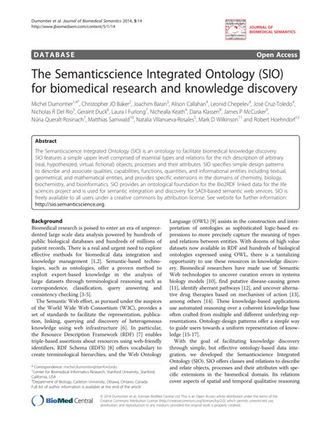 Pdf The Semanticscience Integrated Ontology Sio For Biomedical