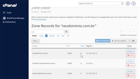 como criar ou alterar um registro a mx txt cname e outros na zona