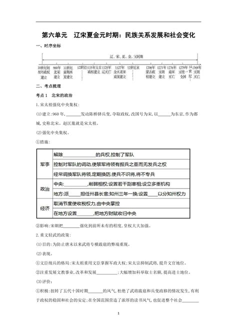 2024年中考历史一轮复习学案 第六单元 辽宋夏金元时期：民族关系发展和社会变化（含答案） 21世纪教育网