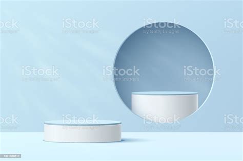 벽에 구멍에 파란색 연단추상 3d 흰색 실린더 받침대 연단 제품 디스플레이 프리젠 테이션을위한 조명파스텔 블루 최소 장면 벡터 기하학적 렌더링 플랫폼 설계 구멍에 대한 스톡