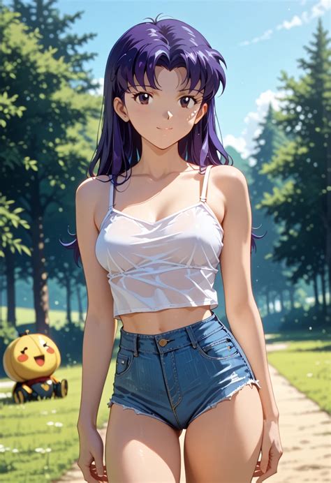 1 Girl Katsuragi Misato Alone Dutch Angle White Top Shoulders