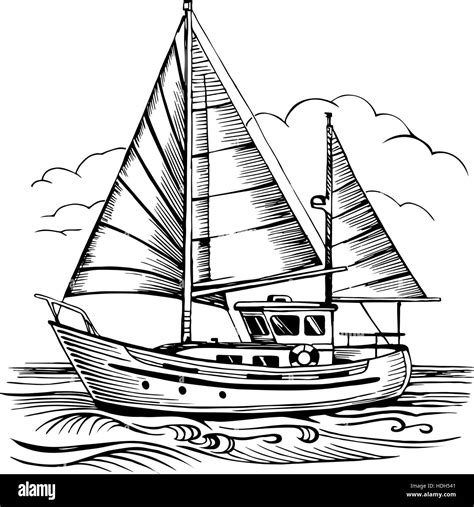 Sailing Boat Vector Sketch Isolated With Clouds And Stylized Wav Stock