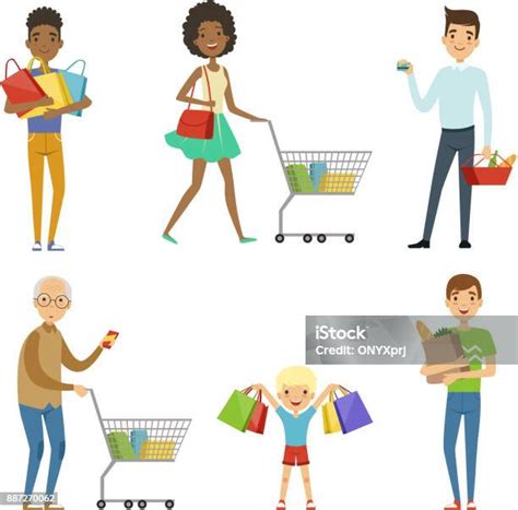 다양 한 연령대의 사람들이 쇼핑을 확인합니다 화이트에 벡터 문자 분리 가방에 대한 스톡 벡터 아트 및 기타 이미지 가방 개성 개념 고객 Istock
