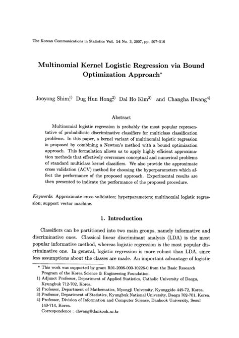 Pdf Multinomial Kernel Logistic Regression Via Bound Optimization Approach