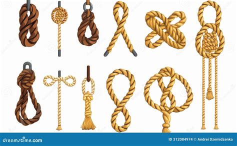 Flat Graphic Modern Illustrations Of Knots Of Different Types Loops Nautical Nodes Nooses Of