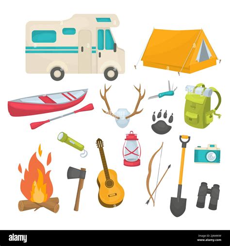 Camping Icônes Décoratives Ensemble Avec Bateau Bois Tente Sac à Dos