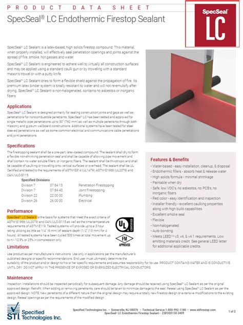 Specseal Lc Endothermic Firestop Sealant Applications Pdf Materials Building Engineering