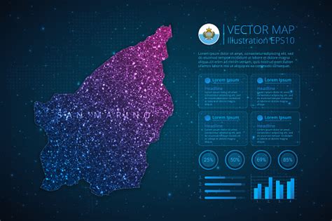 산마리노 지도 인포그래픽 템플릿은 다이어그램 그래프 프리젠테이션 및 파란색 배경에 추상적인 기하학적 메쉬 다각형 조명 개념이 있는 차트입니다 0명에 대한 스톡 벡터 아트 및
