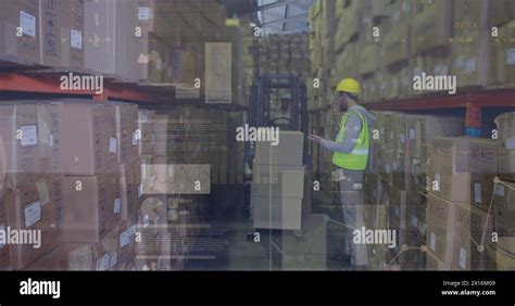 Image Of Financial Data Processing Over Delivery Man And Warehouse