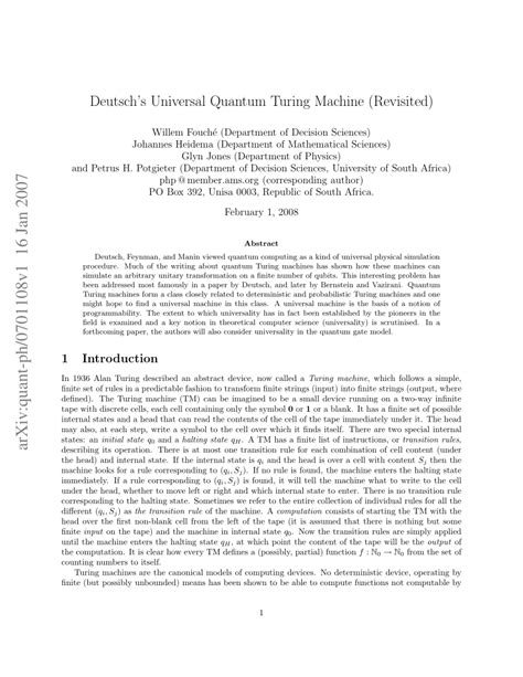 Pdf Deutschs Universal Quantum Turing Machine Revisited