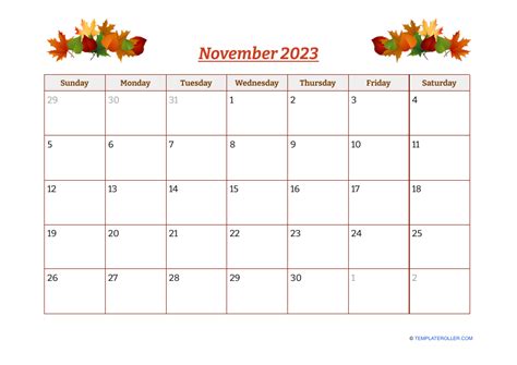 November 2023 Calendar Template Download Printable Pdf Templateroller