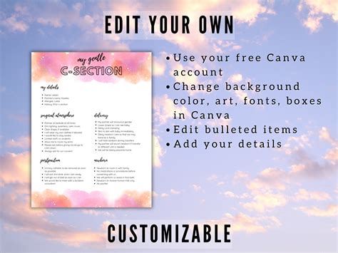 Editable Gentle C Section Birth Plan Canva Template Customize Your