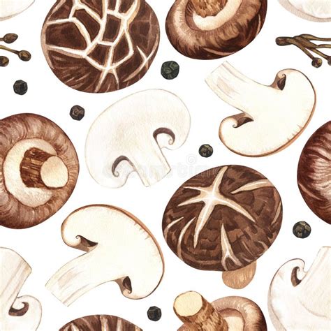 Watercolor Seamless Pattern Shiitake Medicinal Mushroom Adaptogenic