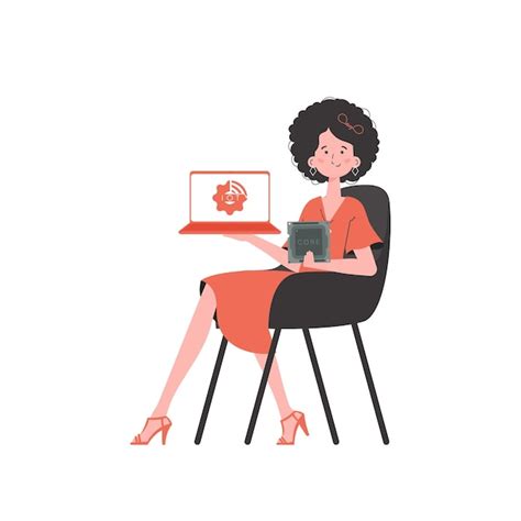 Premium Vector A Woman Holds A Laptop And A Processor Chip In Her