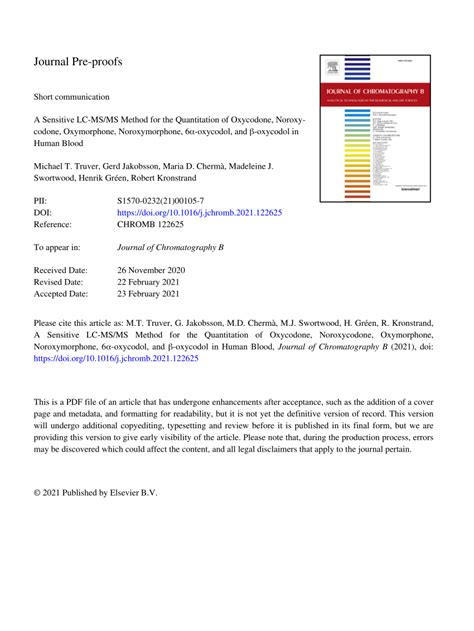 Pdf A Sensitive Lc Msms Method For The Quantitation Of Oxycodone Noroxycodone Oxymorphone