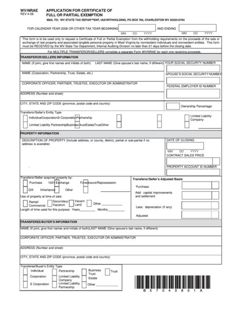 Form Wv Nrae Application For Certificate Of Full Or Partial Exemption