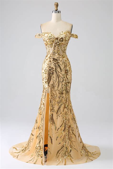 Zapakasa Women Sparkly Golden Corset Prom Dress With Slit Mermaid Off