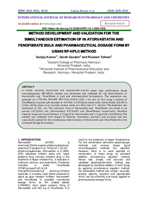 Pdf Method Development And Validation For The Simultaneous Estimation Of In Atorvastatin And