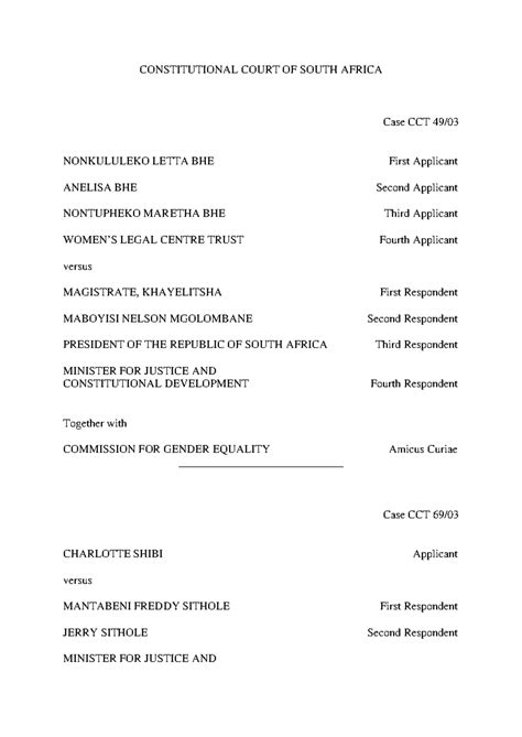 Bhe Case Succession Constitutional Court Of South Africa Case Cct 49