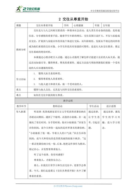北师大版五年级上《心理健康》第2课《交往从尊重开始》教案 教案下载预览 二一课件通