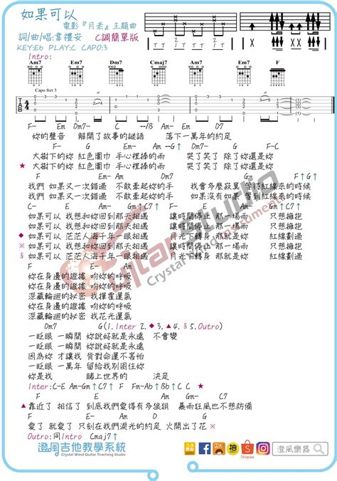 澄風樂器 吉他譜【韋禮安 如果可以《電影『月老』主題曲》含前奏吉他六弦譜】c調彈奏簡單版澄風吉他教學系統