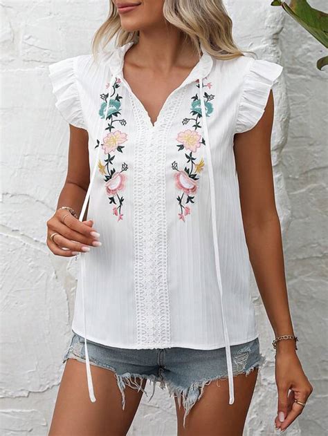 Shein Vcay Blusa Bordado Floral Gola De Gravata Acabamento De Babados