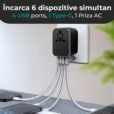Adaptor Incarcator Universal Priza De Calatorie X USB X Type C Pentru US UK EU