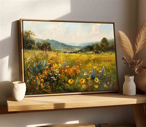 Vintage Wildflower Oil Painting Wall Art Framed Wildflower Field