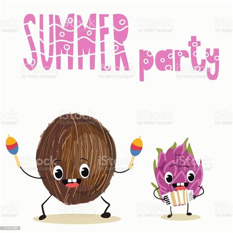 재미있는 캐릭터의 벡터 일러스트레이션 만화 피타하야 피타하야 드래곤 과일 놀이 하모니카 아코디언 코코넛은 마라카스를 연주합니다
