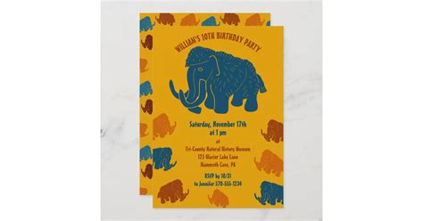 Blue And Gold Cartoon Woolly Mammoth Birthday Party Invitation Zazzle