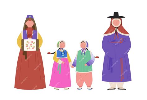 한국의 옛 나라 조선 손으로 그린 벡터 일러스트의 겨울 의류 프리미엄 벡터