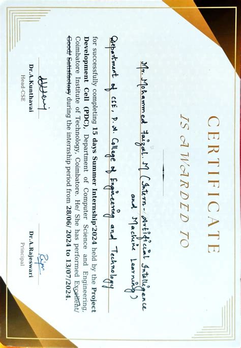 Mohammed Faizal M On Linkedin Internship Artificialintelligence Machinelearning Achievement