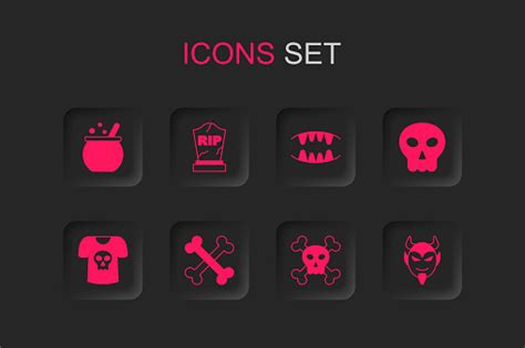 교차 뼈 Rip가 쓰여진 묘비 할로윈 마녀 가마솥 해골 십자뼈 악마 머리 뱀파이어 이빨 및 셔츠 두개골 아이콘을 설정합니다 벡터 가마솥에 대한 스톡 벡터 아트 및 기타