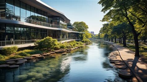 Premium Ai Image Riverside Workspace Office Building With A River View
