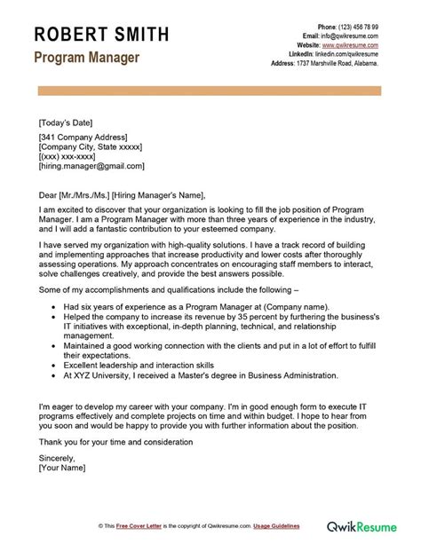 Program Manager Cover Letter Examples Qwikresume
