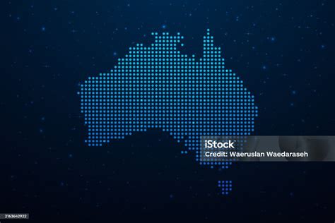 미래 지향적인 스타일의 호주 점선 지도 별 선 점으로 만든 빛나는 윤곽선 통신 진한 파란색 배경에 인터넷 기술 개념 호주에 대한