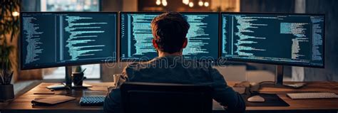 Rear View Of A Software Developer Working On Multiple Screens In A Home Office Environment At