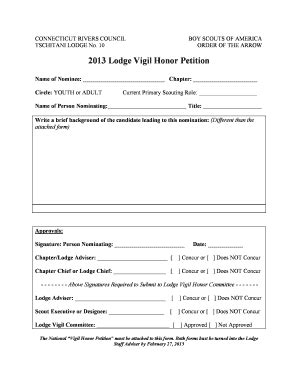 Fillable Online Ctrivers 2013 Lodge Vigil Honor Petition Connecticut