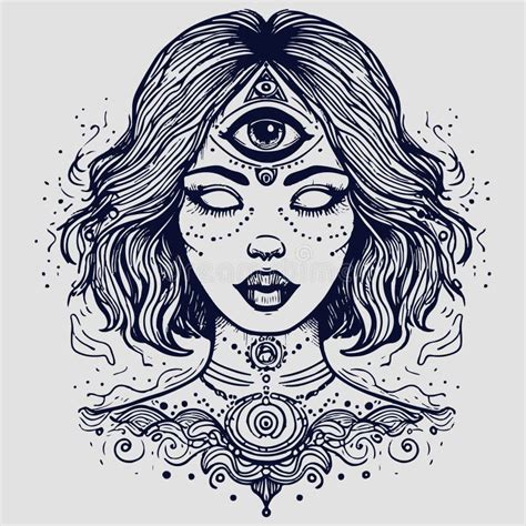La Mujer De Wiccan Y De Ocult Cara Con El Tercer Chakras De Ojo Y El