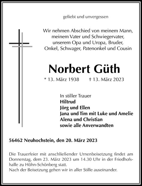 Traueranzeigen Von Norbert Güth Rz Trauer De