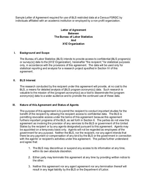 Fillable Online Sample Letter Of Agreement Required For Use Of Bls
