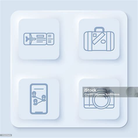 라인 항공권 여행 및 스티커 용 여행 가방 도시지도 내비게이션 및 사진 카메라의 인포 그래픽을 설정합니다 흰색 사각형 버튼입니다